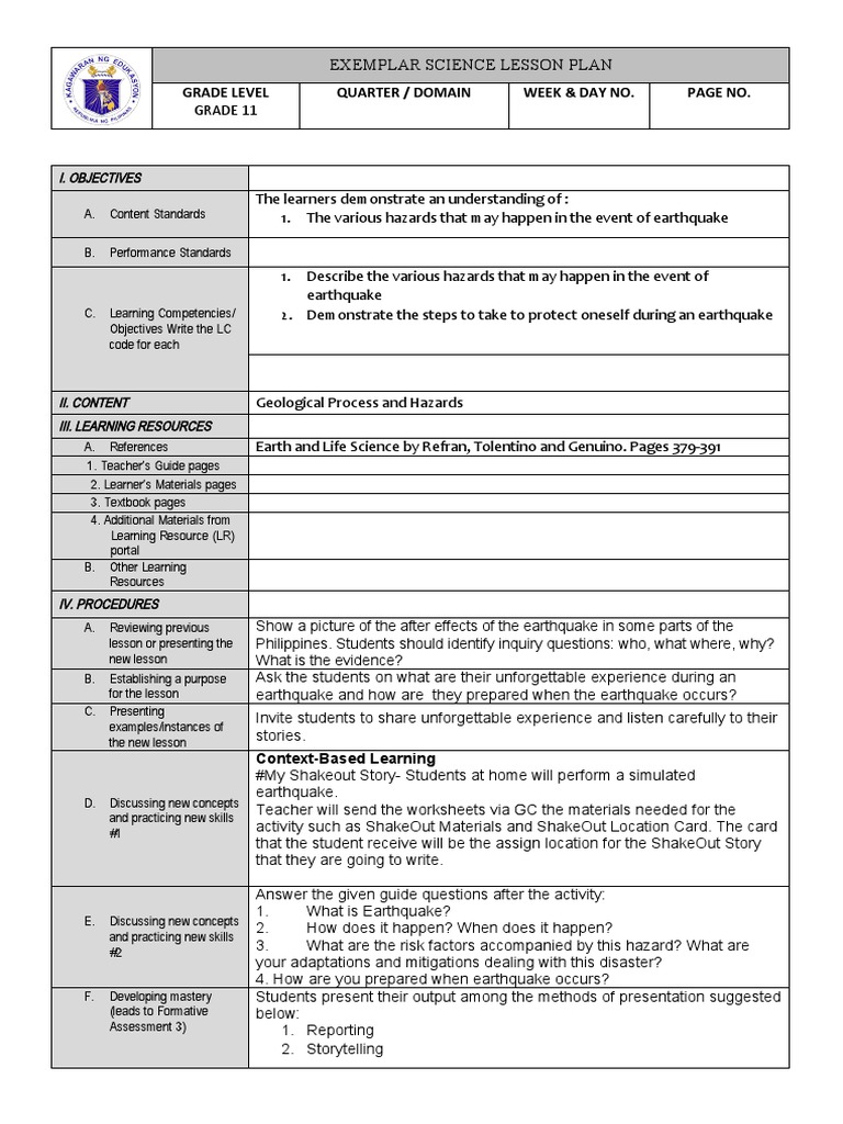 Exemplar Science Lesson Plan: Grade Level Quarter / Domain Week & Day ...