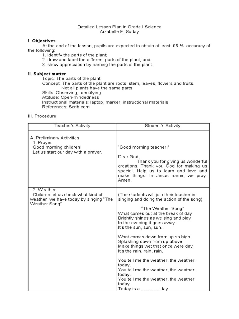 Detailed Lesson Plan of Parts of A Plant | PDF | Lesson Plan | Prayer