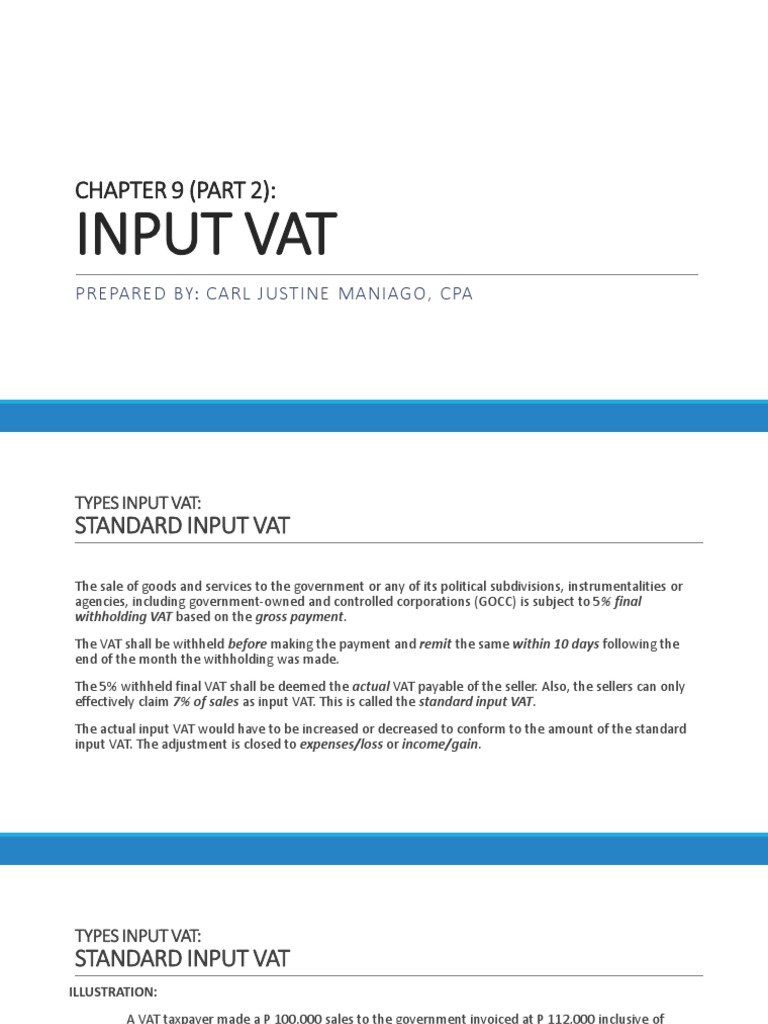 Chapter 9 Part 2 Input Vat | PDF | Value Added Tax | Tax Deduction
