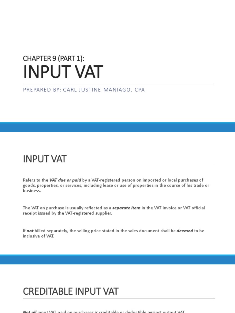 Chapter 9 Part 1 Input Vat | PDF | Value Added Tax | Tax Credit