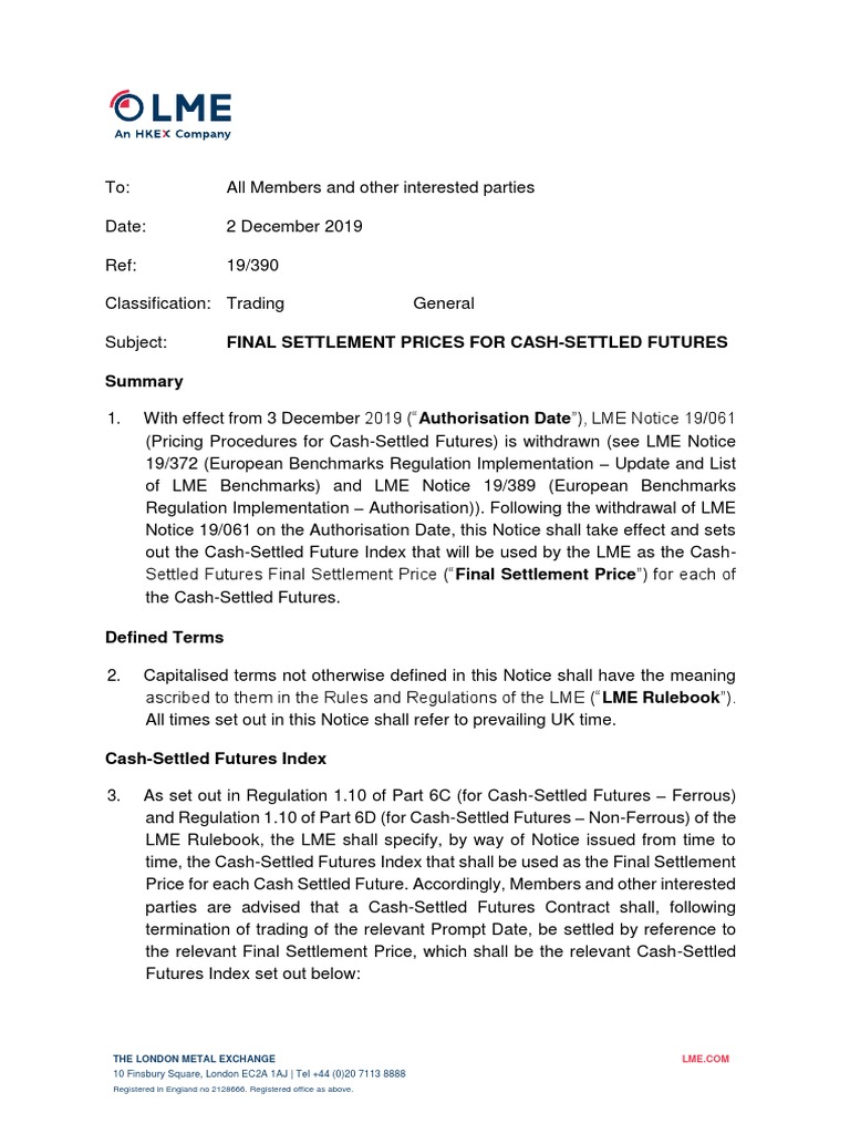 LME Cash-Settled Futures Pricing Update | PDF | Futures Contract | Metals