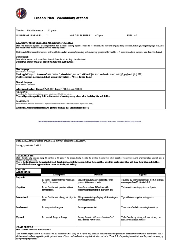 Food Vocabulary Lesson Plan for Kids | PDF | Classroom | Flashcard
