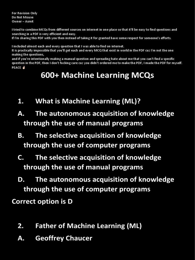 (Final) 600+ ML MCQ | PDF | Artificial Neural Network | Bayesian Network