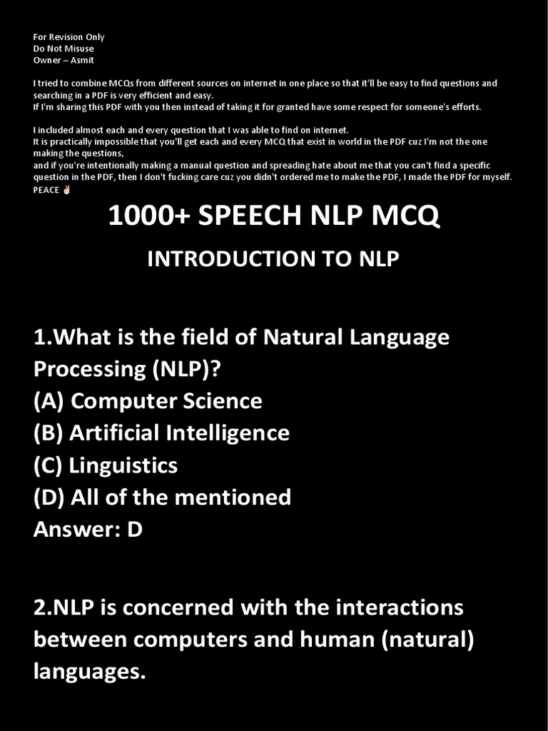 (Final) 1000+ SNLP MCQ | PDF | Part Of Speech | Morphology (Linguistics)