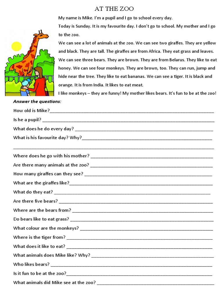 At The Zoo Reading Comprehension Exercises - 71325 | PDF | Zoology