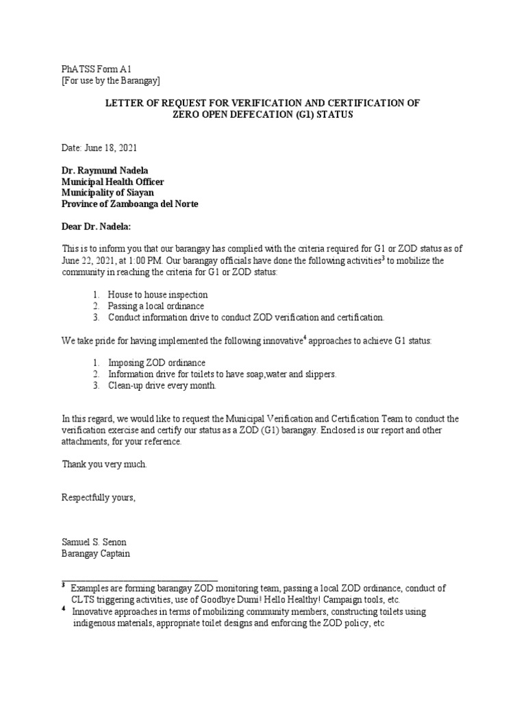 Letter of Request For Verification and Certification of Zero Open ...