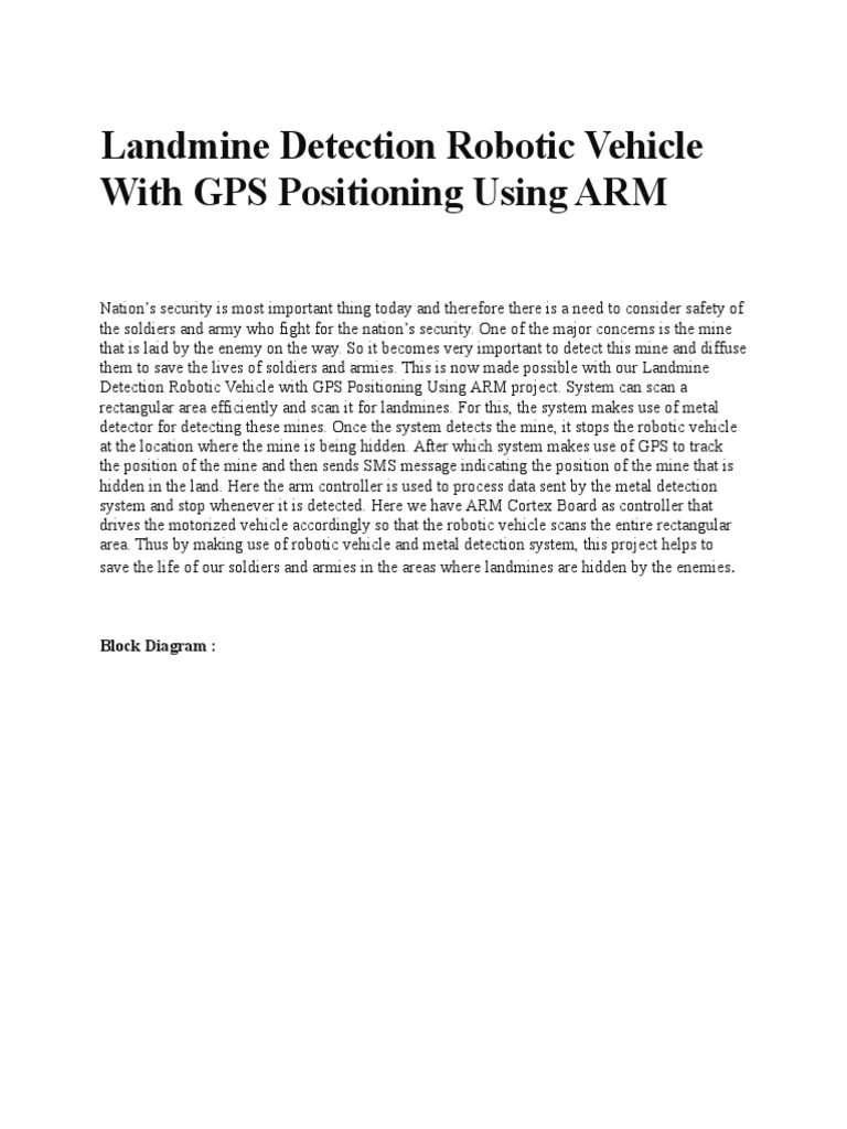 Landmine Detection Robotic Vehicle With GPS Positioning Using ARM | PDF