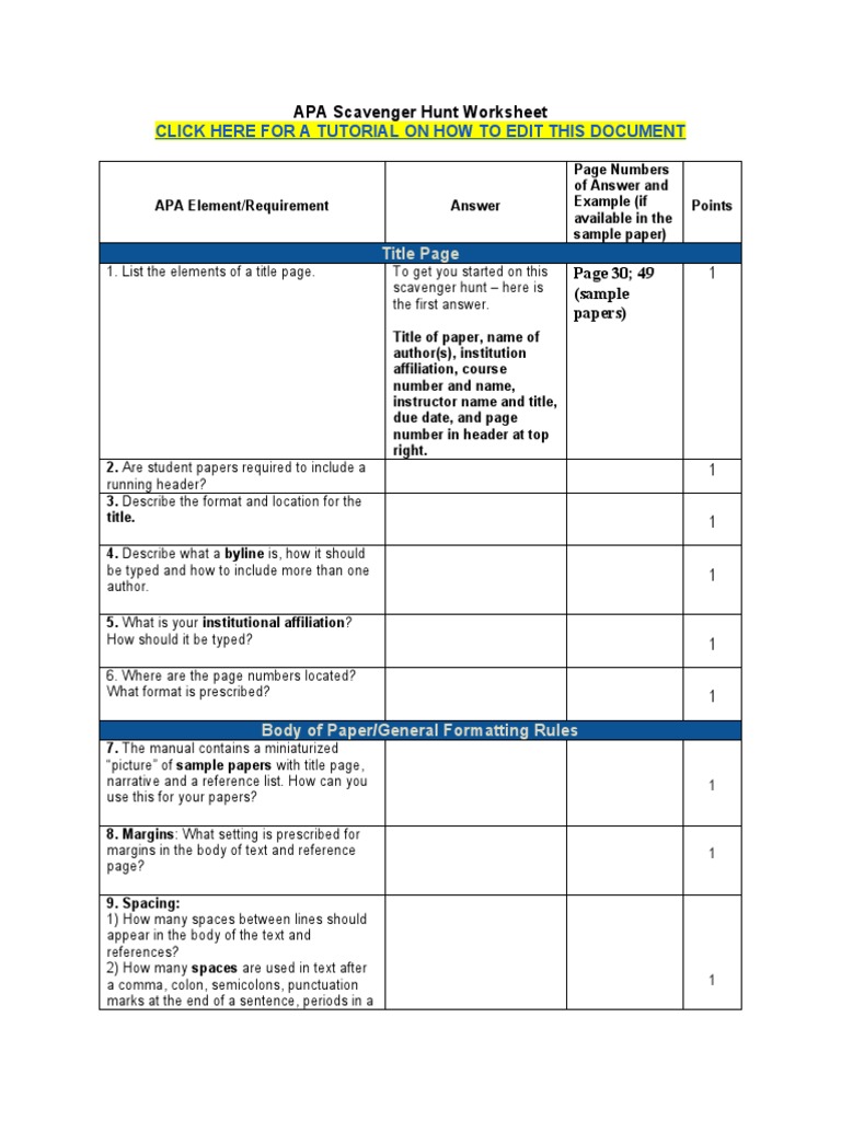 APA Scavenger Hunt Worksheet. 1 | PDF | Apa Style | Citation