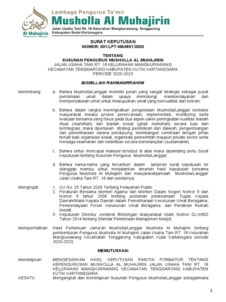 SK Pengurus Takmir Masjid 2016-2019 | PDF
