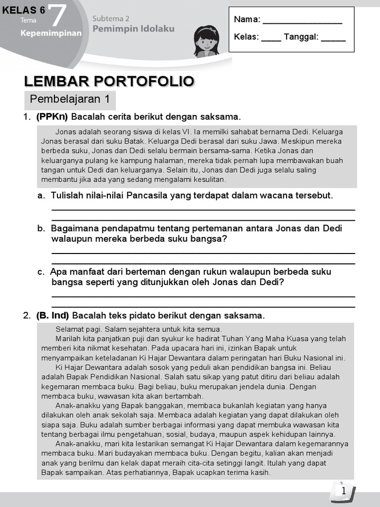Lembar Portofolio Bupena 6c Tema 7 Sub 2 | PDF