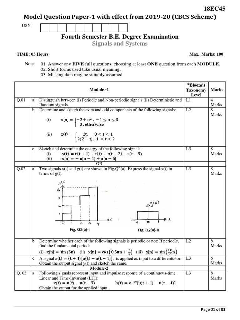 Signals and Systems: 18EC45 Model Question Paper-1 With Effect From ...