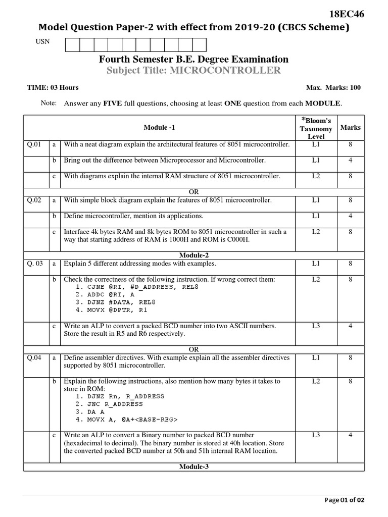 Subject Title: MICROCONTROLLER: 18EC46 Model Question Paper-2 With Effect From 2019-20 (CBCS ...