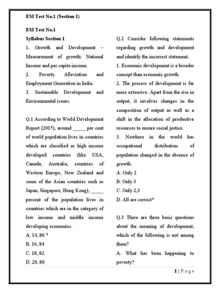 ESI Test No.1 | PDF | Economic Growth | Millennium Development Goals