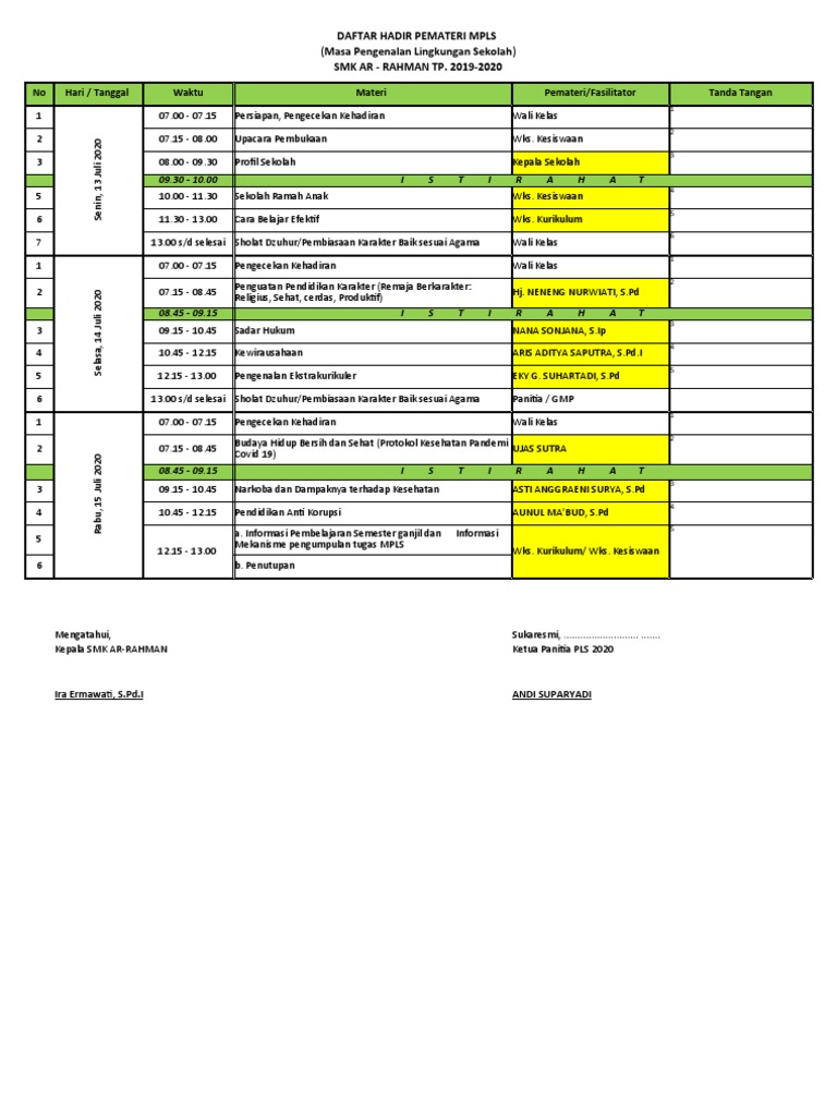 Jadwal MPLS SMK AR-Rahman 2020 | PDF
