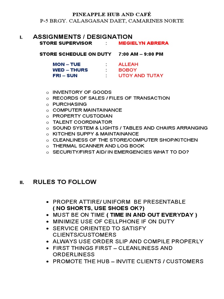 Pineapple Hub and Café Rules | PDF