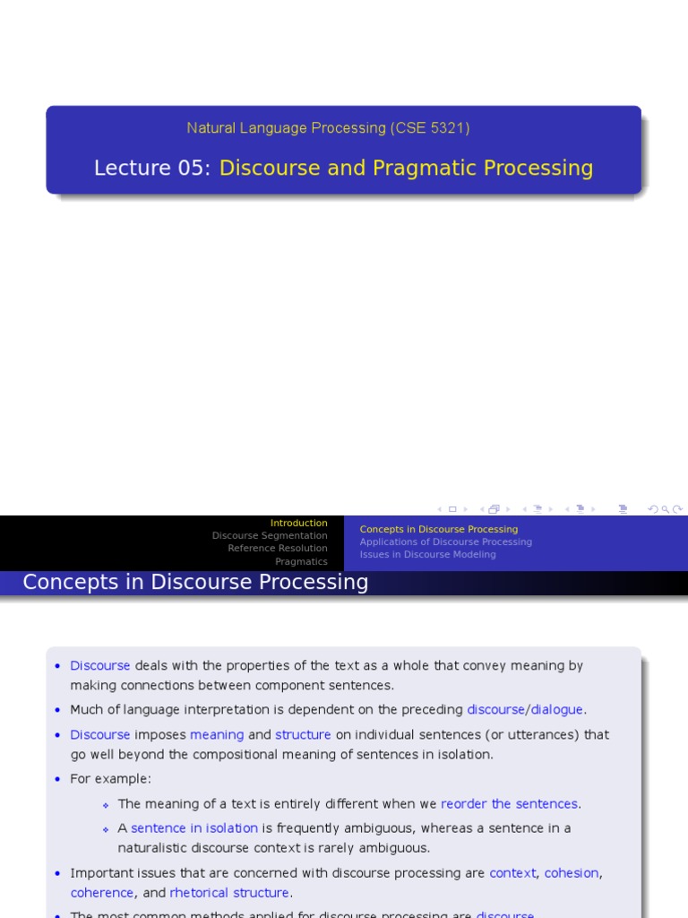Discourse and Pragmatic Processing: Natural Language Processing (CSE 5321) | PDF | Discourse ...