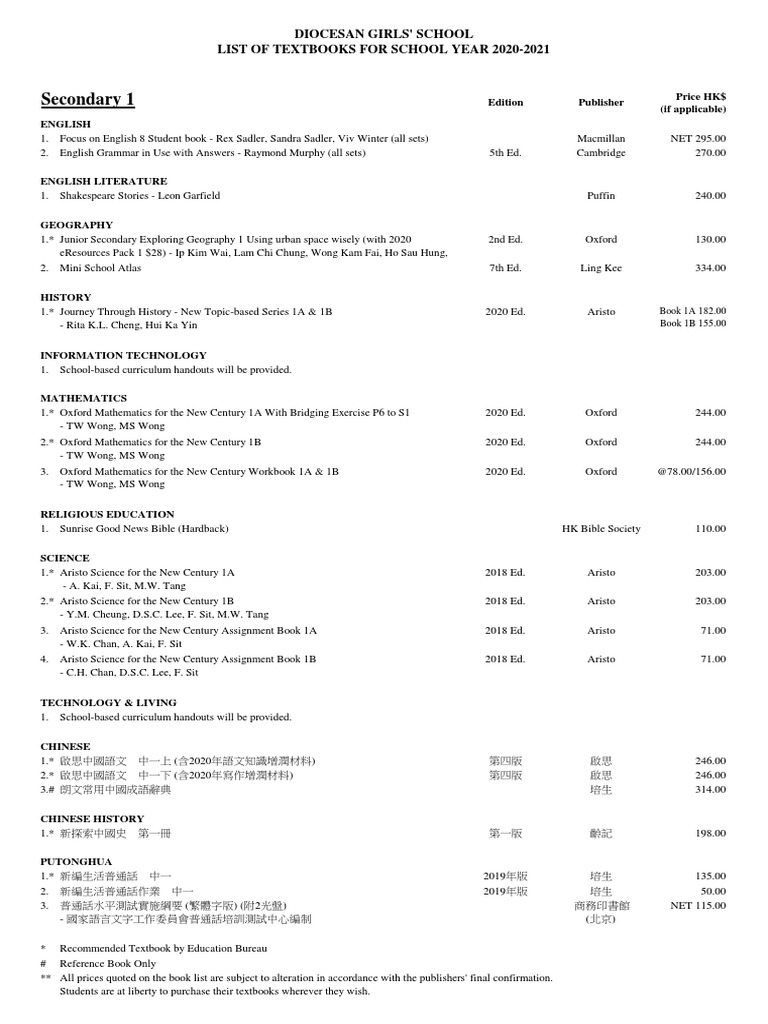Secondary 1: Diocesan Girls' School List of Textbooks For School Year ...