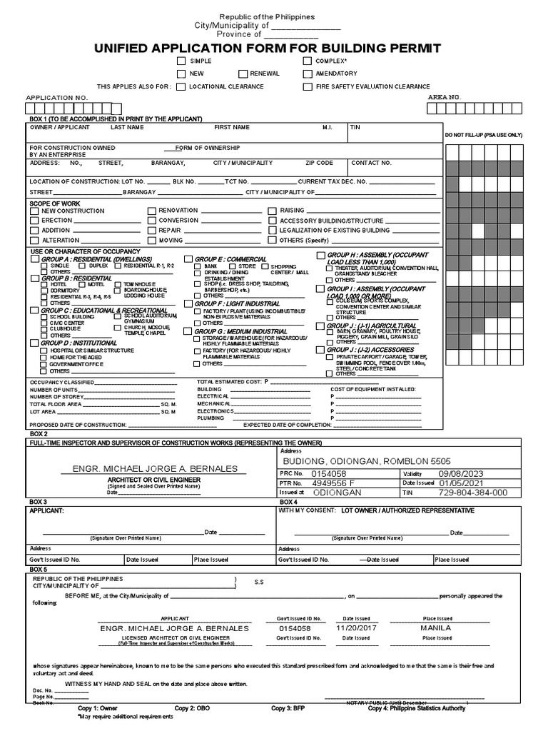 Unified Application Form For Building Permit: City/Municipality of ...