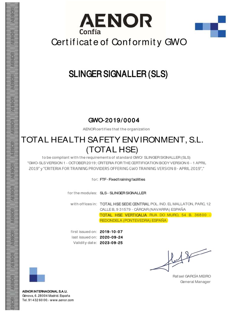 Certificate of Conformity GWO Slinger Signaller (SLS) : Total Health ...