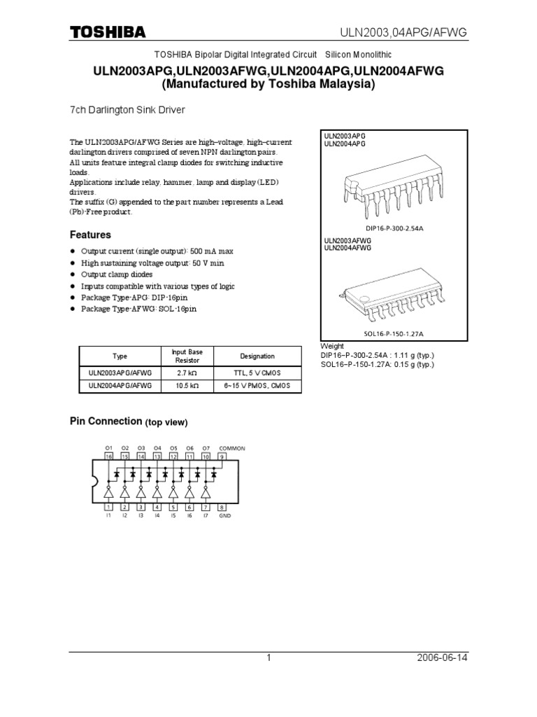 Datasheet for Toshiba's ULN2003 and ULN2004 Darlington Transistor ...