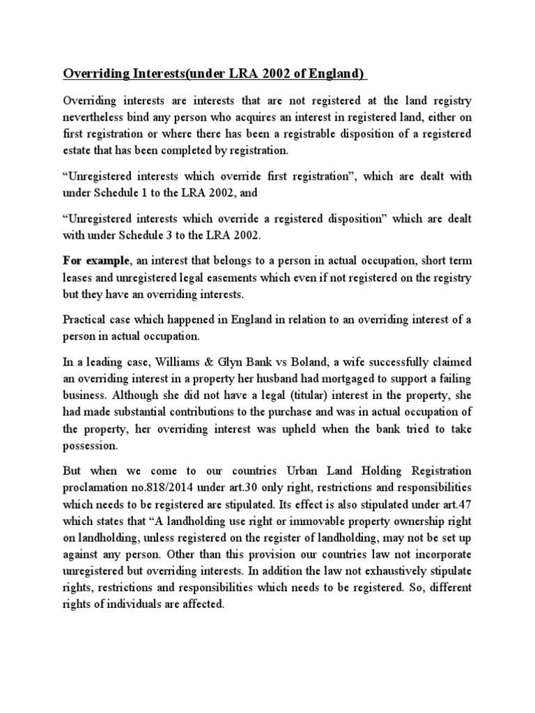 Overriding Interests (Under LRA 2002 of England) : For Example, An ...