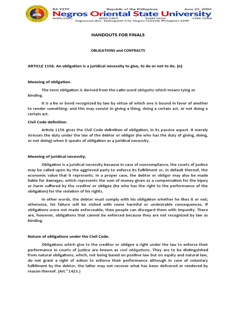 Oblicon Handouts For Finals | PDF | Legal Liability | Law Of Obligations