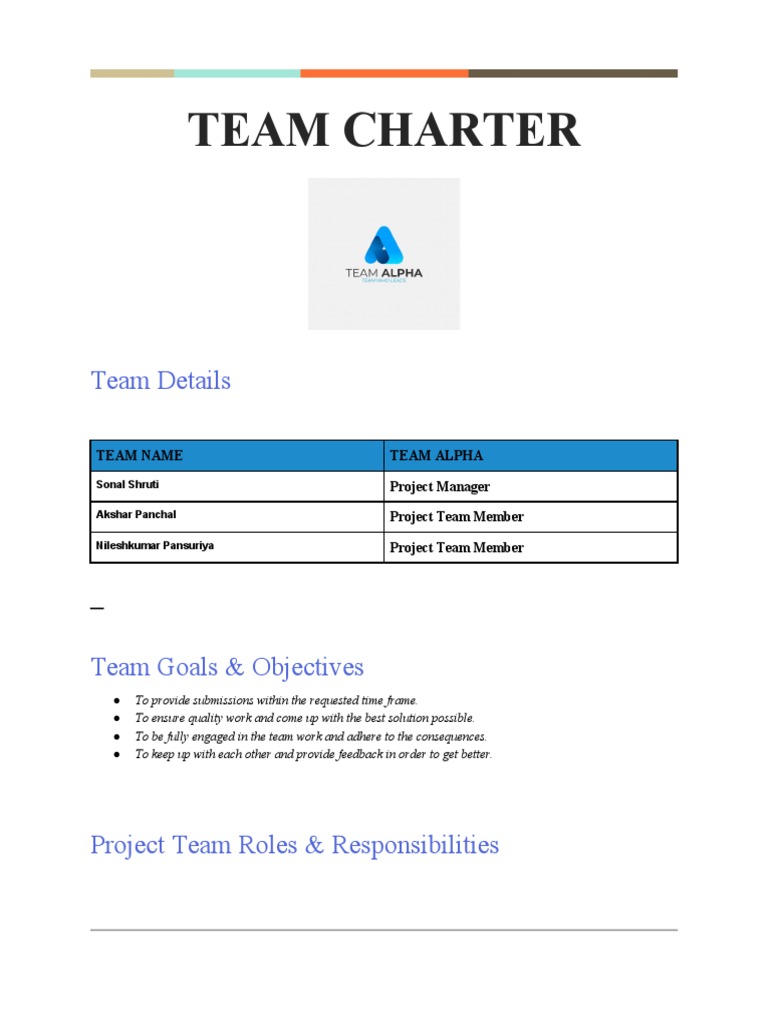 Team Alpha Charter: Goals, Roles and Responsibilities for Quality and ...