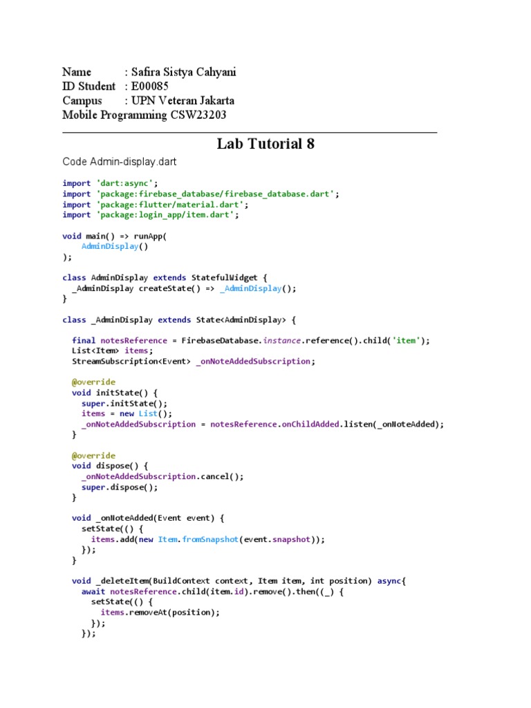 Mobile Programming Lab Tutorial 8 Code Admin Display Dart Firebase Database Flutter | PDF ...
