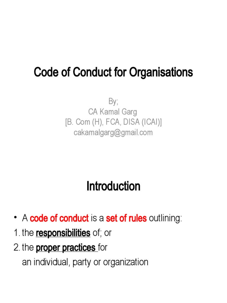 Code of Conduct For Organisations: by CA Kamal Garg (B. Com (H), FCA ...