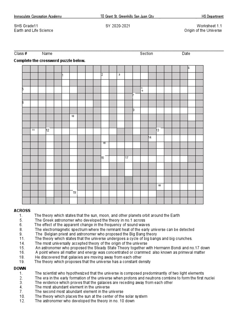 Earth and Life Science Worksheet 1 Origin of The Universe | Download ...
