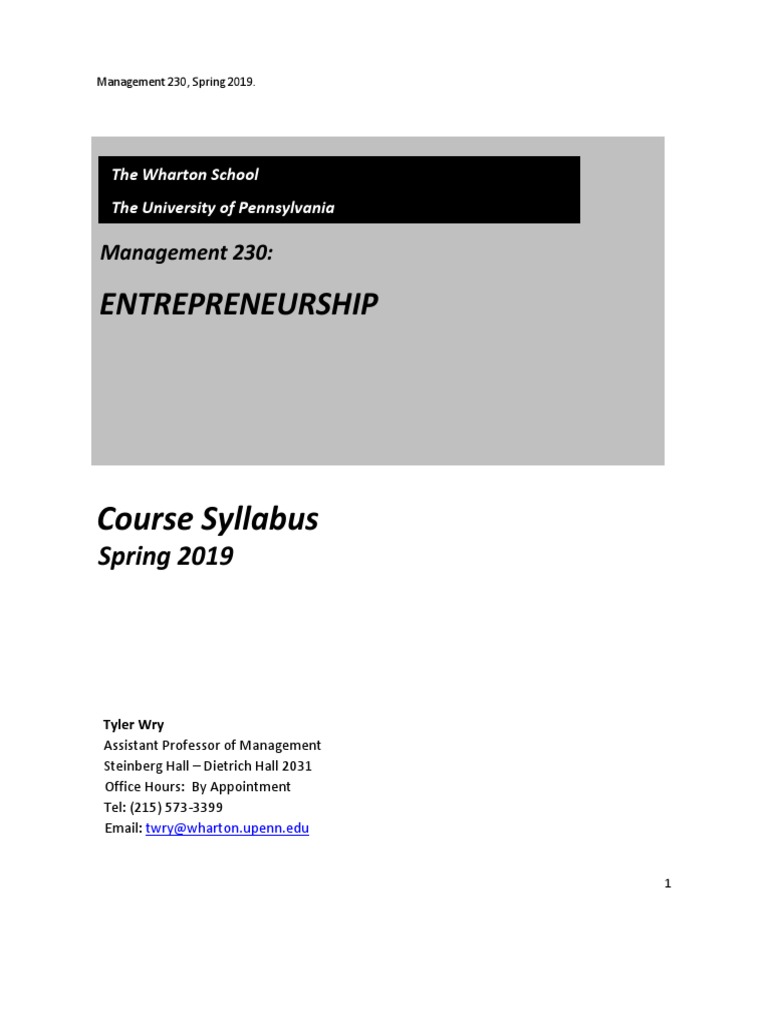Entrepreneurship: Course Syllabus | PDF | Wharton School Of The ...