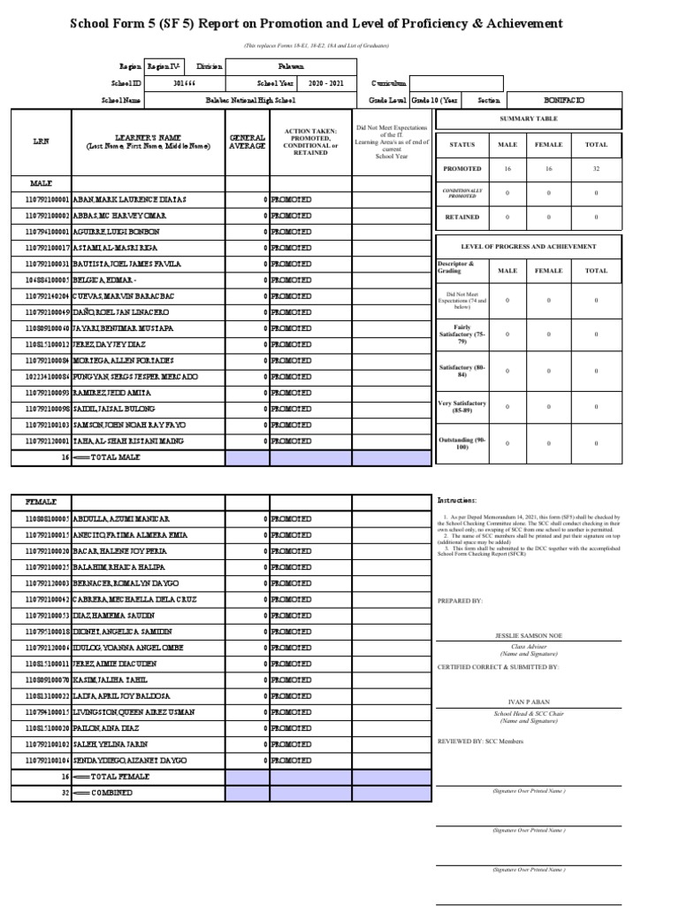SF5 - 2020 - Grade 10 (Year IV) - BONIFACIO | PDF