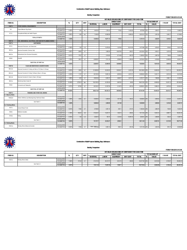 FORM POW-2015-01C-00 Detailed Breakdown of Component For Each Item ...