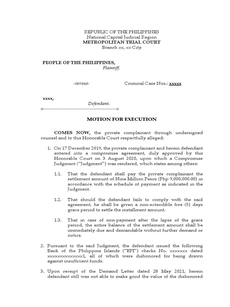 Motion for Writ of Execution Sample | PDF | Plaintiff | Legal Remedy