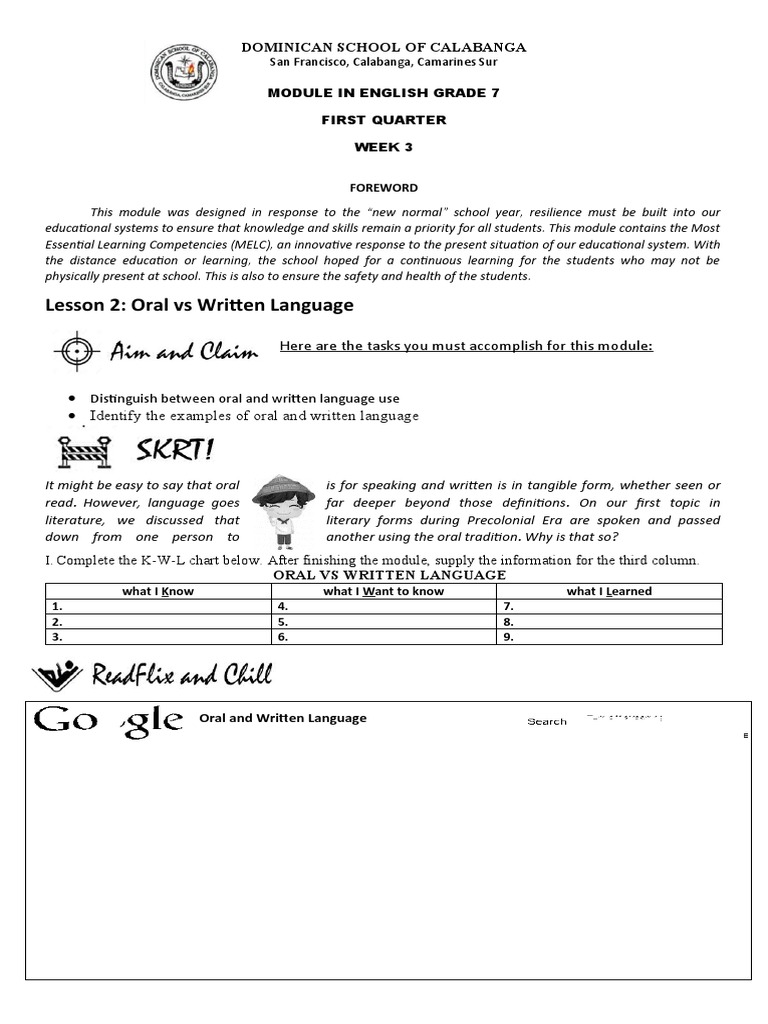 Lesson 2: Oral Vs Written Language | PDF | Conversation | Word
