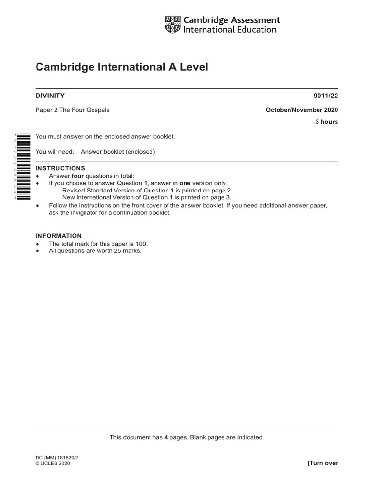 Cambridge International A Level: DIVINITY 9011/22 | PDF | Gospel Of ...