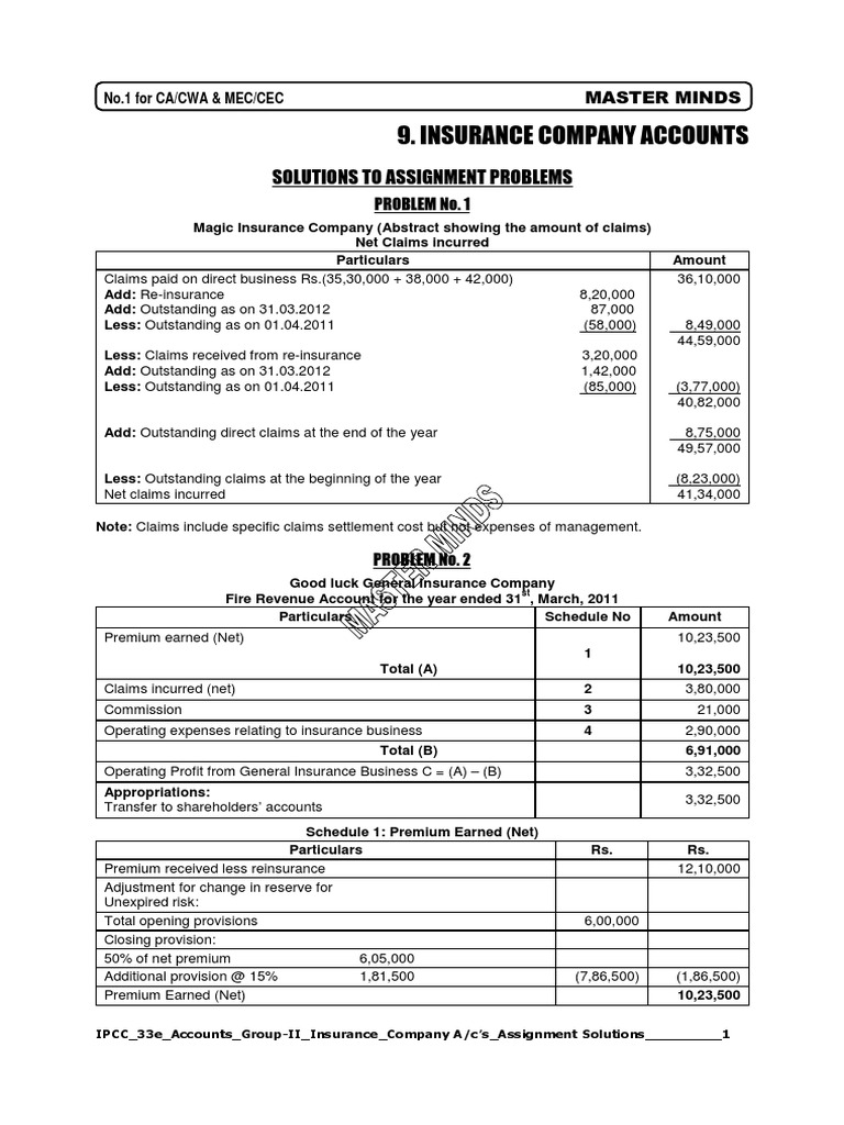 Insurance Company Accounts: Solutions To Assignment Problems | PDF ...