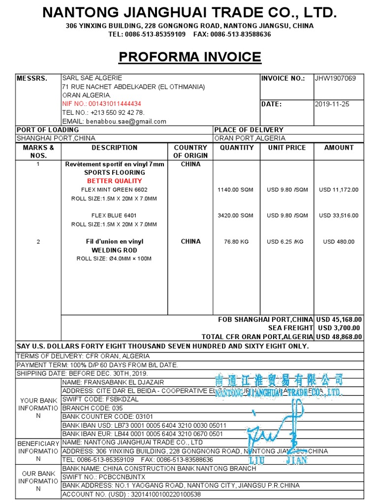 Proforma Invoice JHW1907069 | PDF | Payments | Service Industries