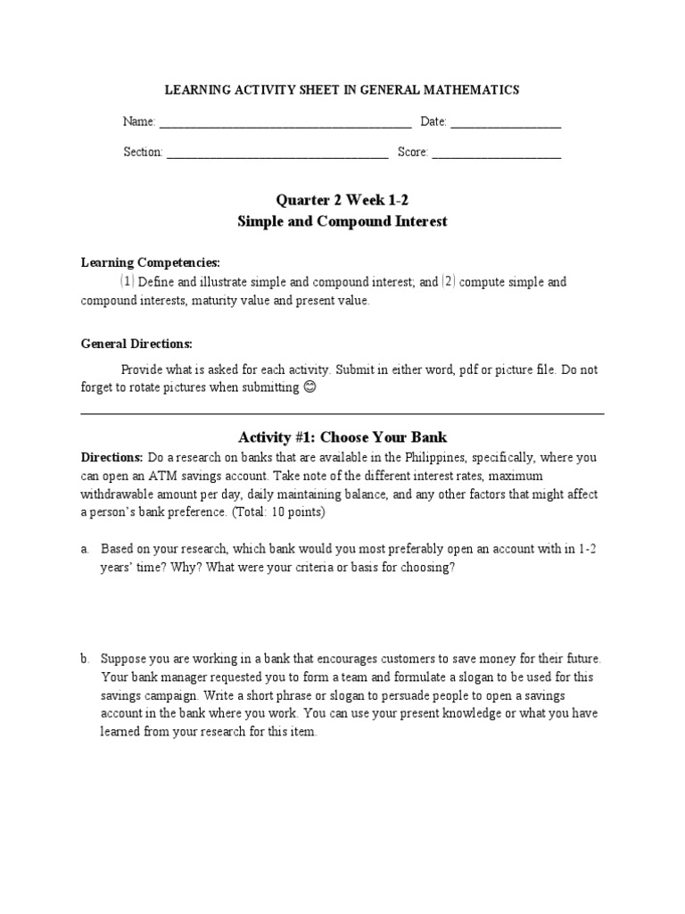 LAS Q2 Gen Math Week 1-2 - Simple and Compound Interest | PDF | Compound Interest | Interest