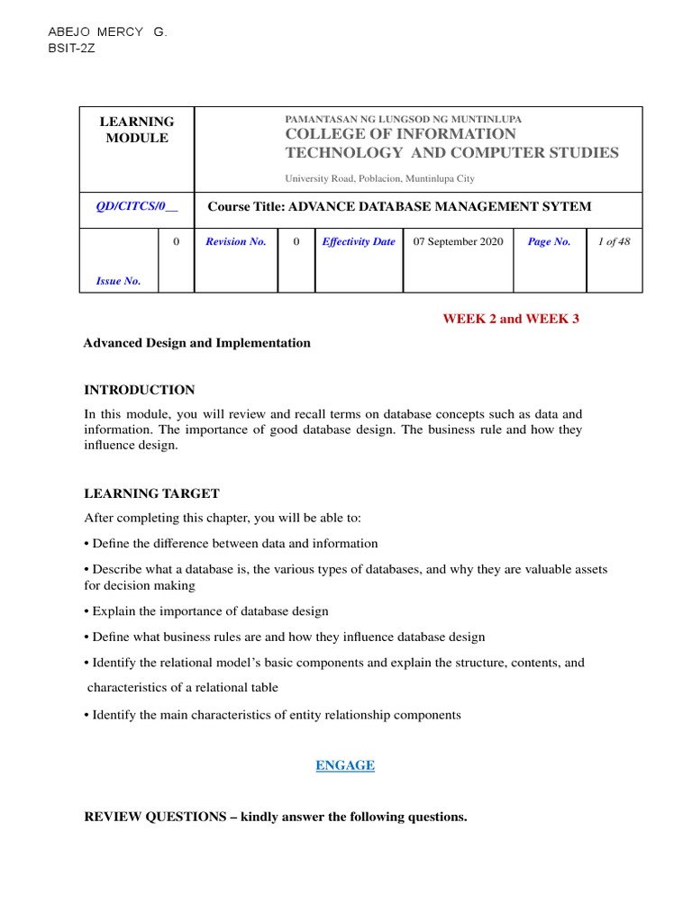 Advance Database Management System Week 1 - 3 | PDF | Relational ...