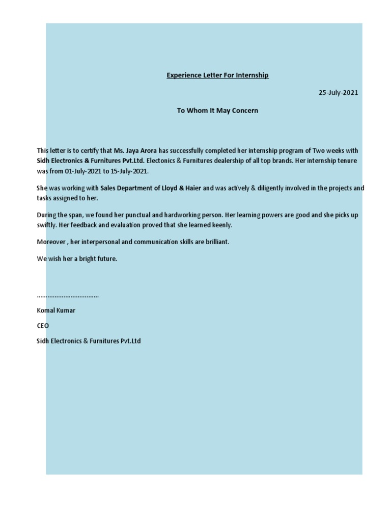 Experience Letter For Internship | PDF