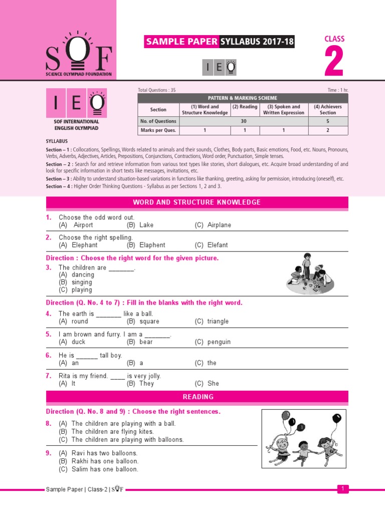 Ieo Sample Paper Class-2 | PDF | Word | English Language