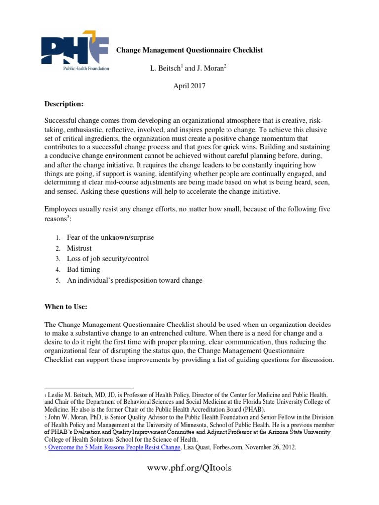 Change Management Questionnaire Checklist: Overcome The 5 Main Reasons ...