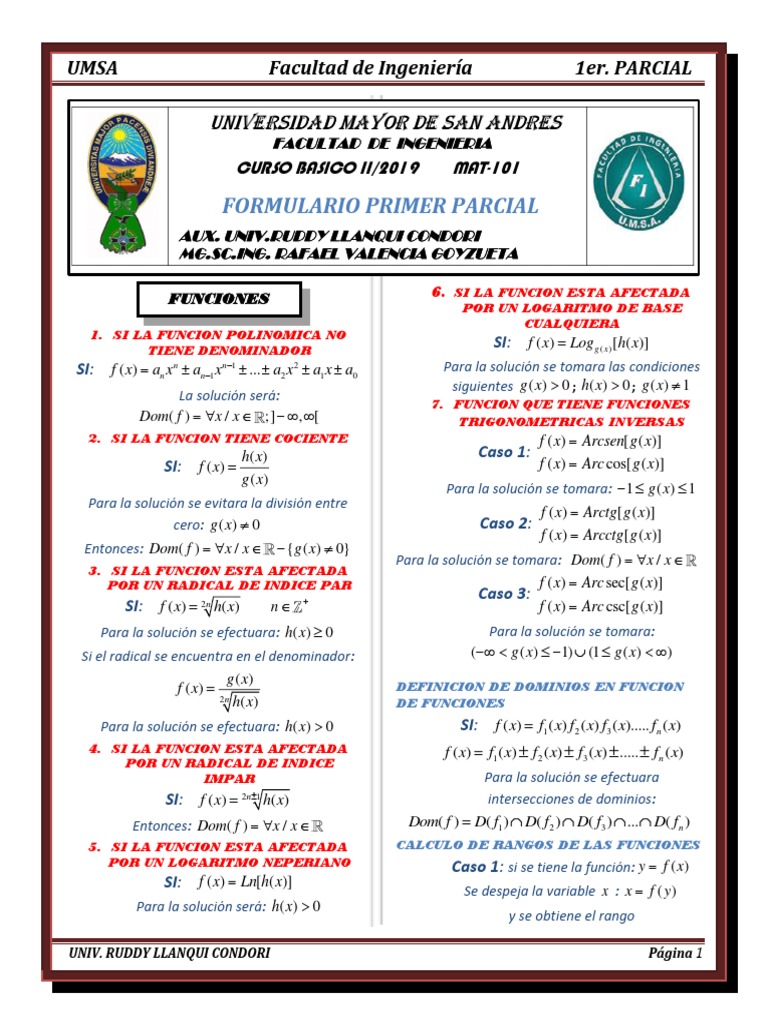 Formulario 2 - 2019 Primer Parcial (Mat-101) | PDF | Asíntota | Logaritmo