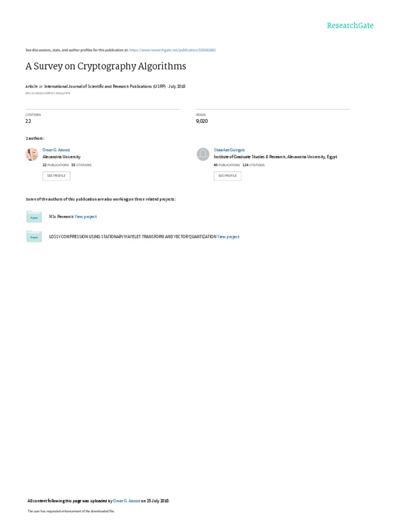 A Survey On Cryptography Algorithms | PDF | Cryptography | Key (Cryptography)