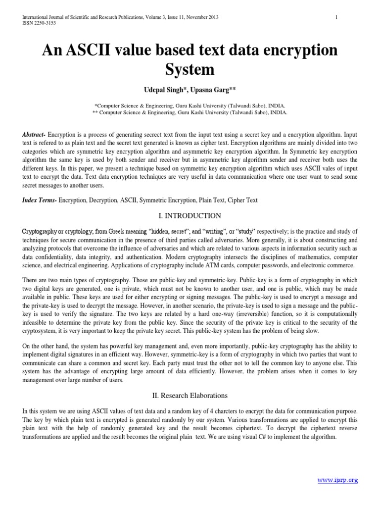 An ASCII Value Based Text Data Encryption System: Udepal Singh, Upasna Garg | PDF | Public Key ...