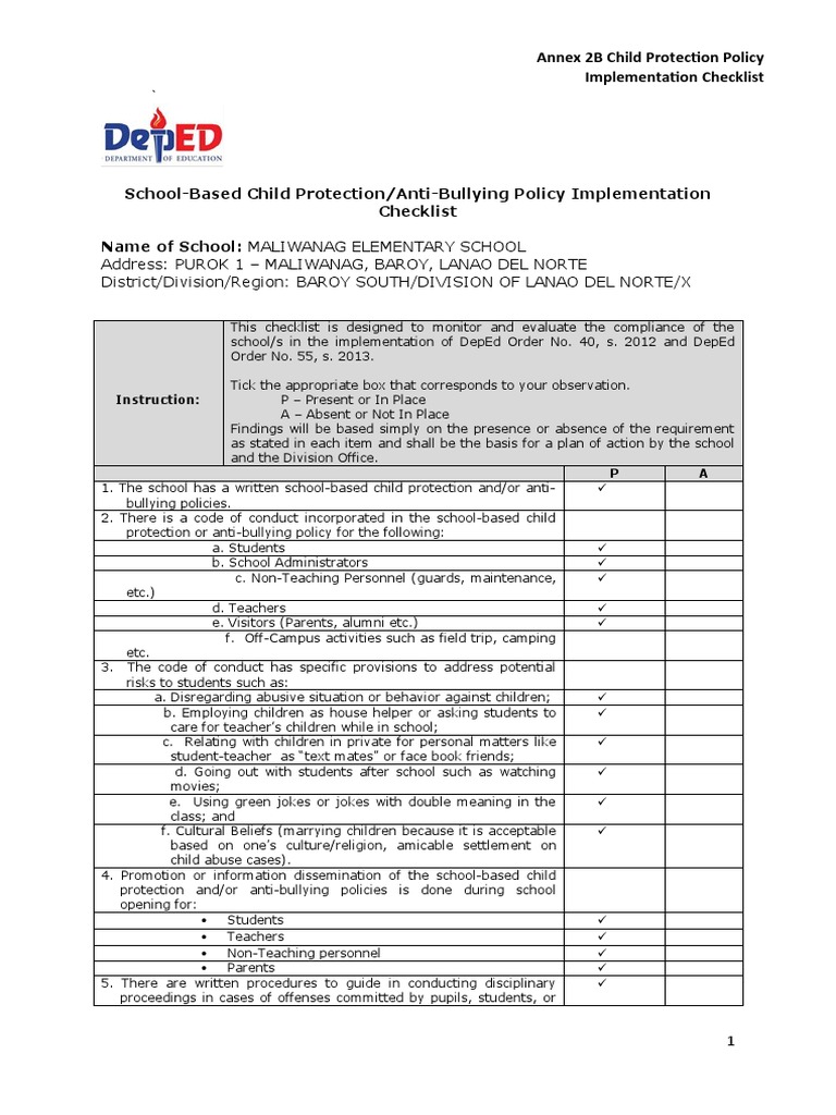 Assessing Implementation of Child Protection Policies in Maliwanag Elementary School | PDF ...