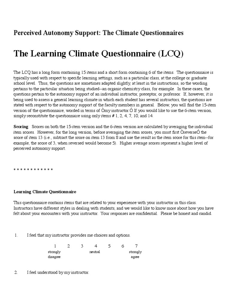 The Learning Climate Questionnaire (LCQ) | PDF | Motivation | Motivational
