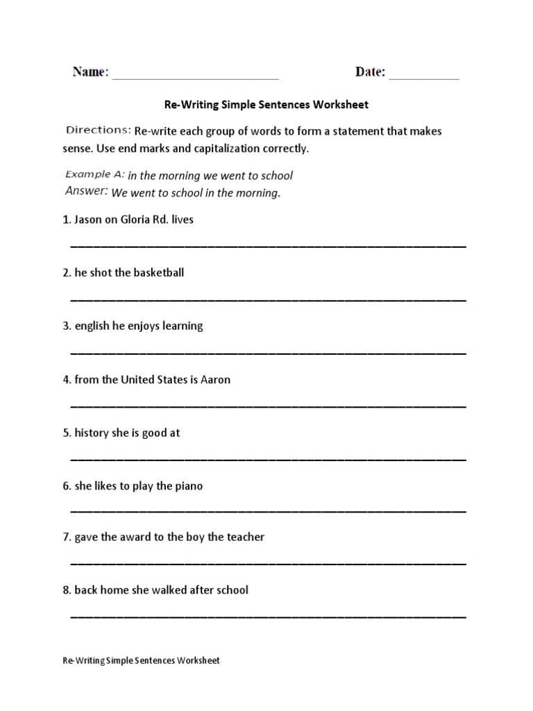 Re Writing Simple Sentences Worksheet | PDF