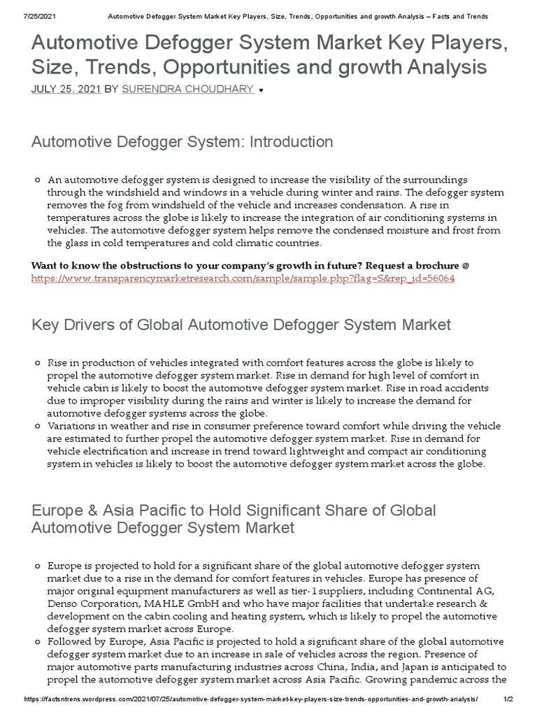 Automotive Defogger System Market Key Players, Size, Trends ...